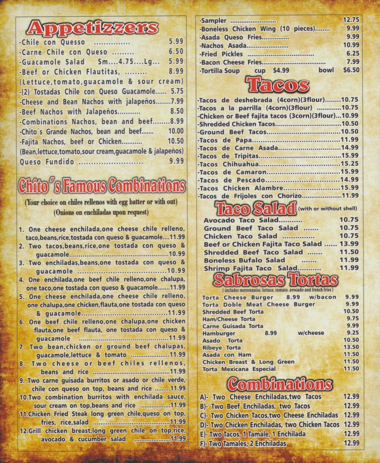 Chito’s Mexican Restaurant & Sports Bar Menu – Midland Menus