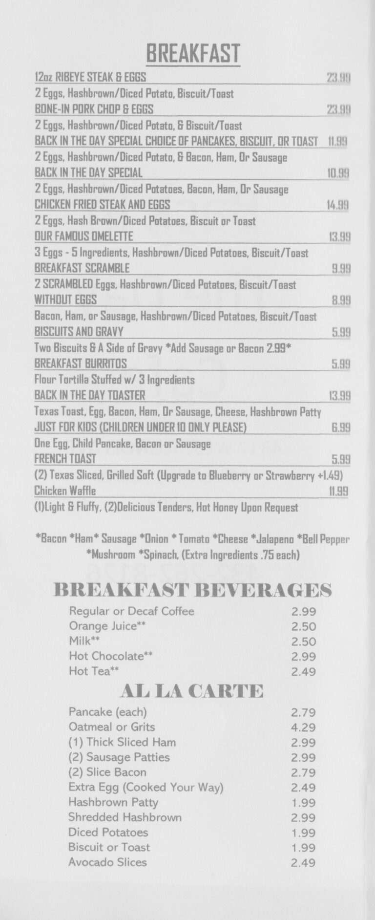 Back In The Day Cafe – Menu – Midland – Midland Menus