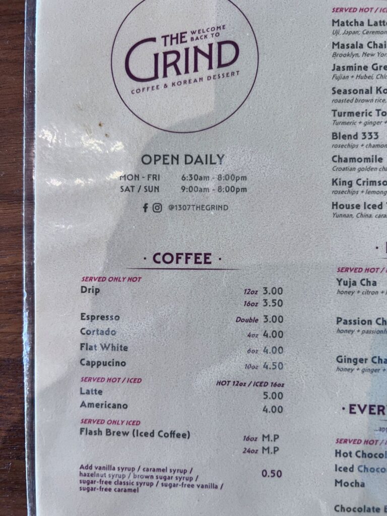 The Grind Cafe – Midland – Menu – Midland Menus