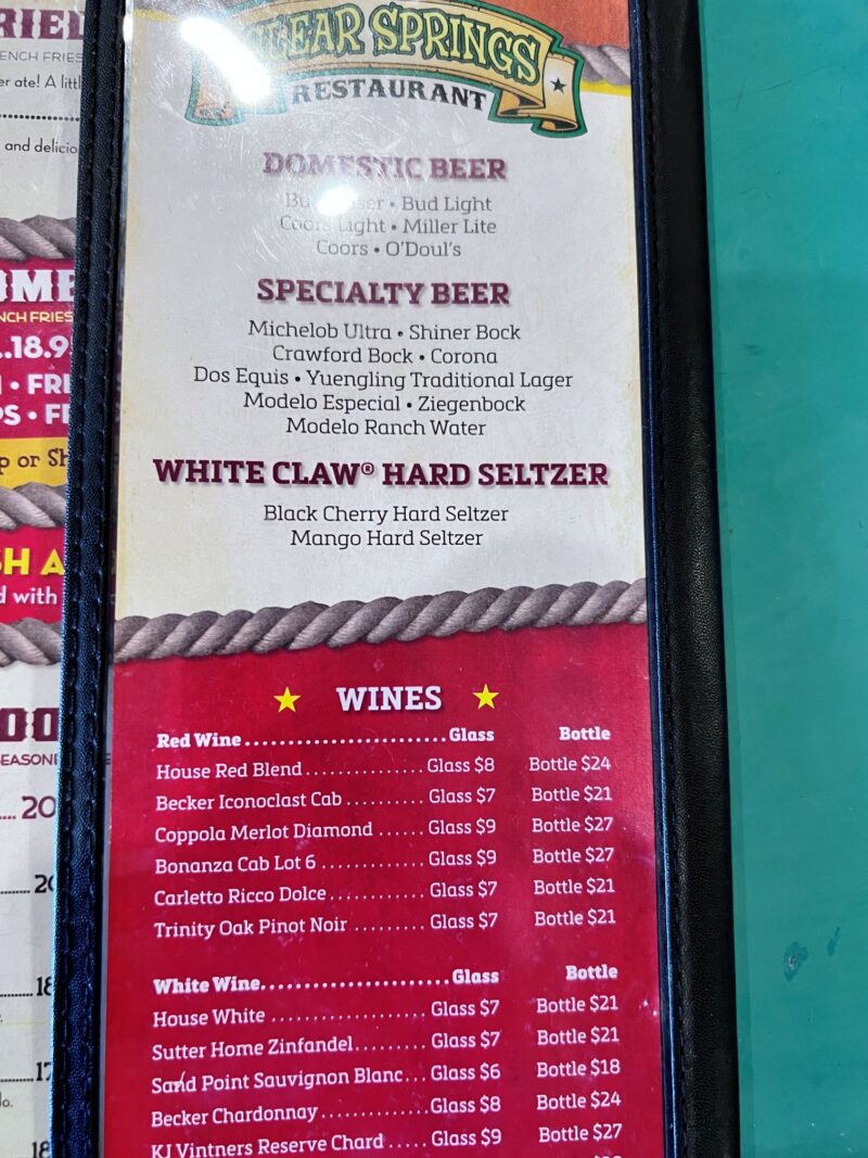 Clear Springs Restaurant – Midland – Menu – Midland Menus
