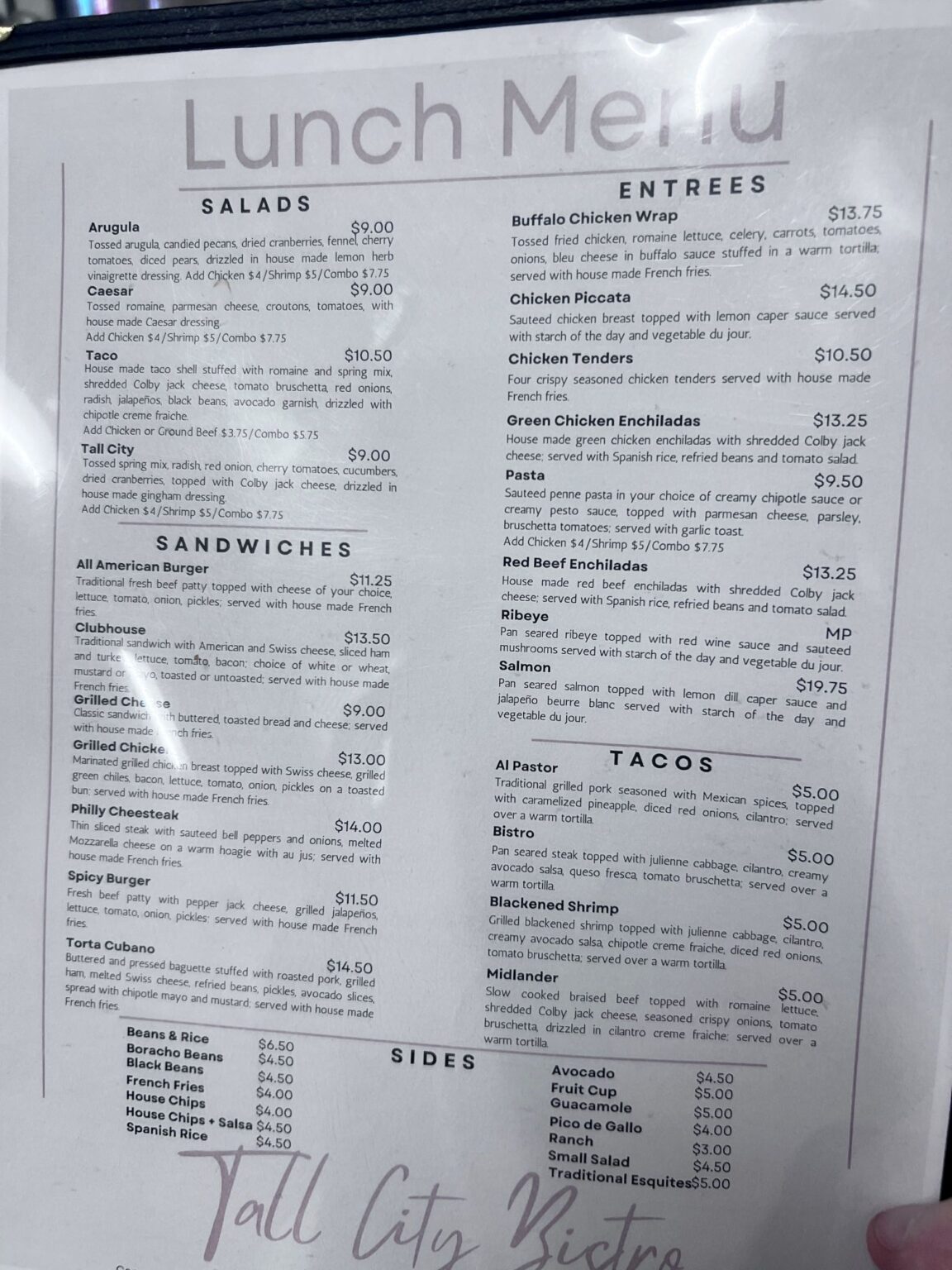 Tall City Bistro – Midland – Menu – Midland Menus